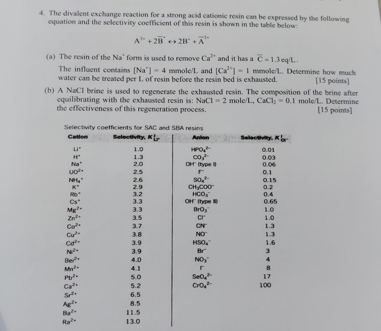 Solved The divalent exchange reaction for a strong acid | Chegg.com
