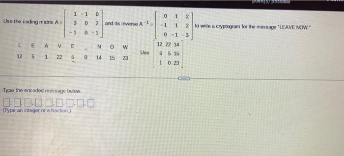 Solved 57 podd 2 Use the coding matrix A 1 - 1 0 3 0 2 and | Chegg.com