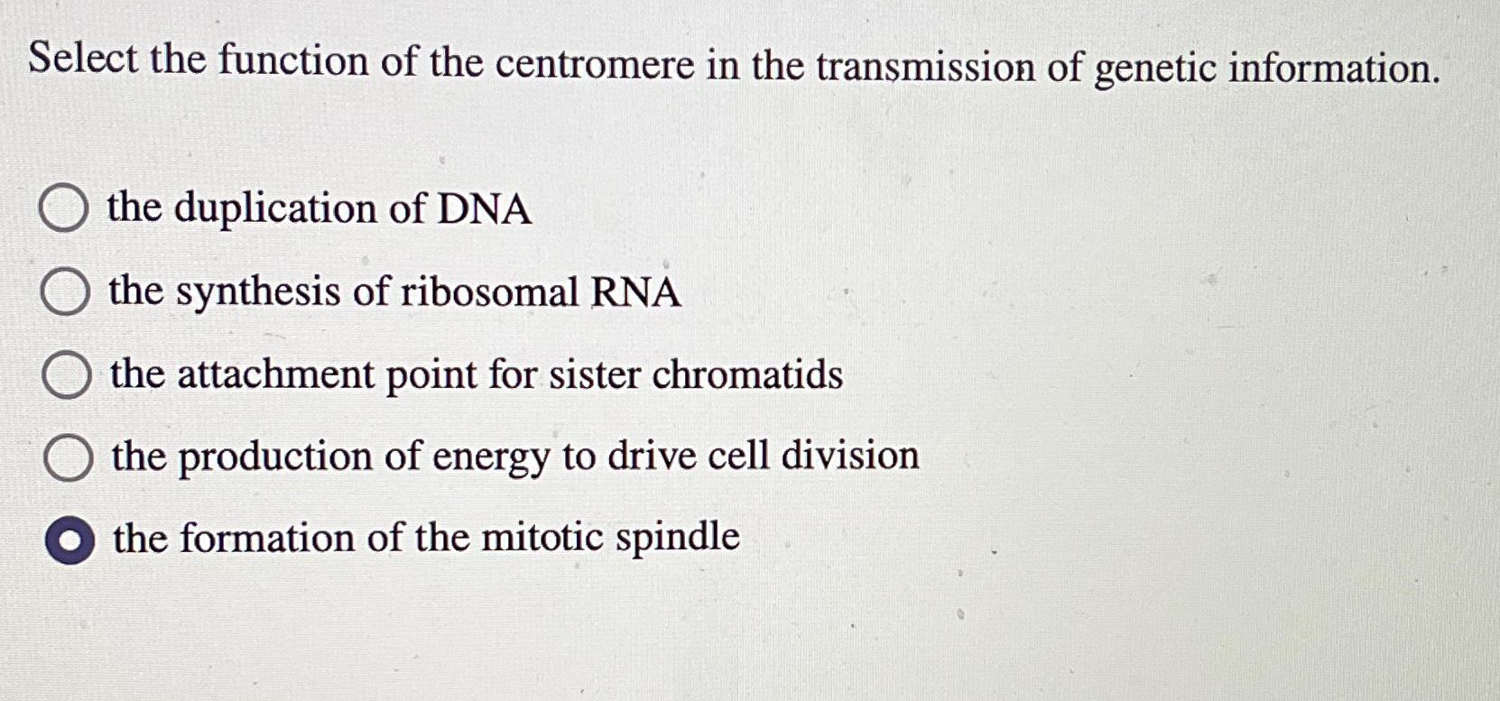 Solved Select the function of the centromere in the | Chegg.com