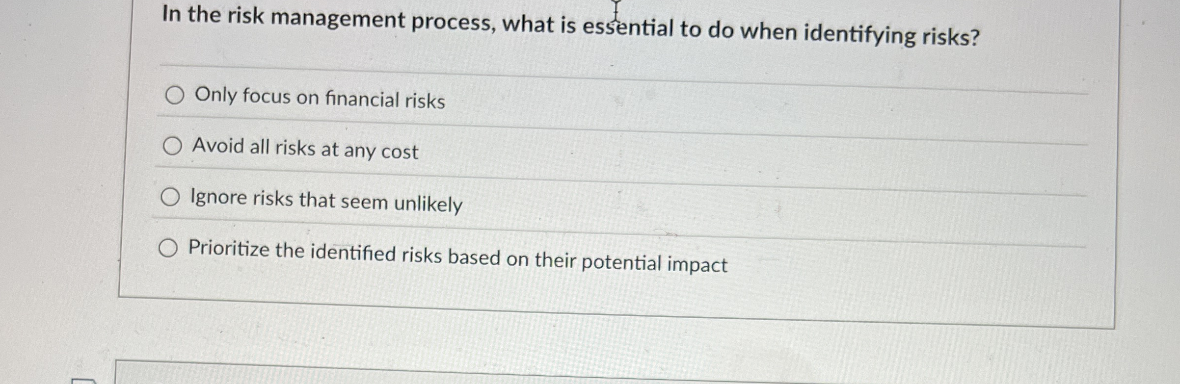 Solved In the risk management process, what is essential to | Chegg.com