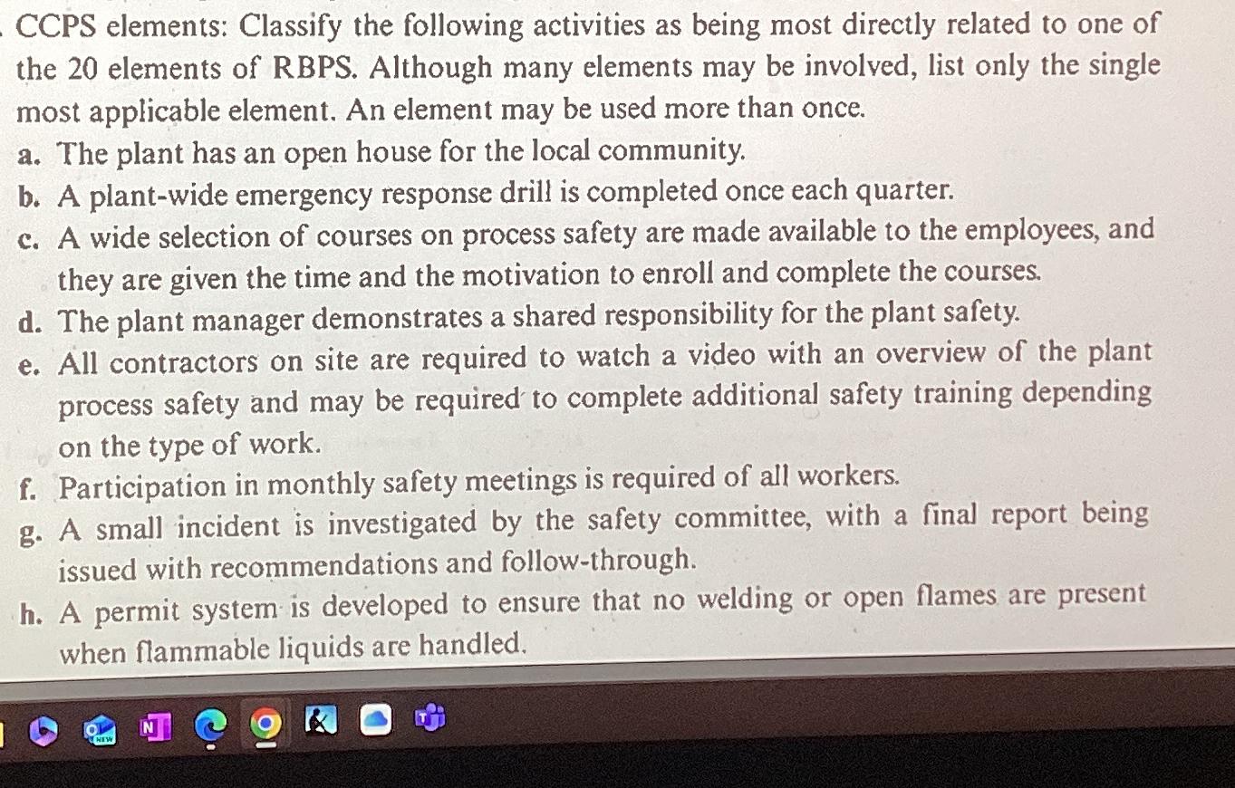 Solved CCPS elements: Classify the following activities as | Chegg.com