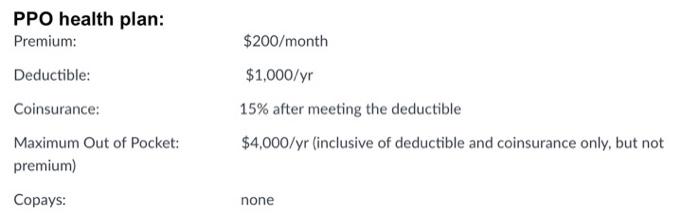 Solved PPO health plan: Premium: $200/month Deductible: | Chegg.com