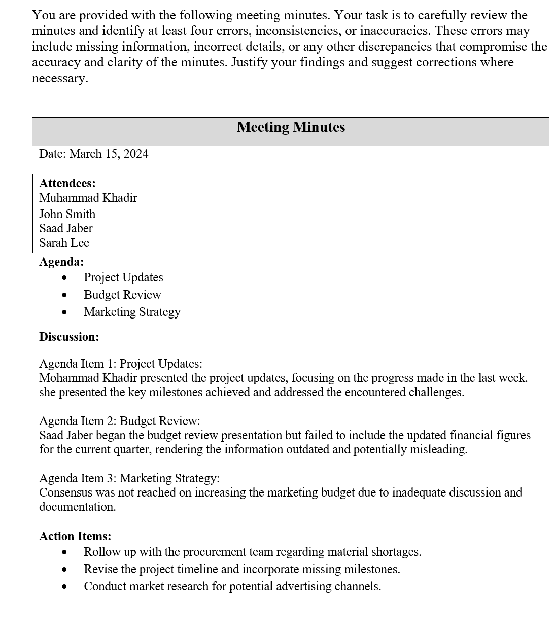 Solved You are provided with the following meeting minutes. | Chegg.com