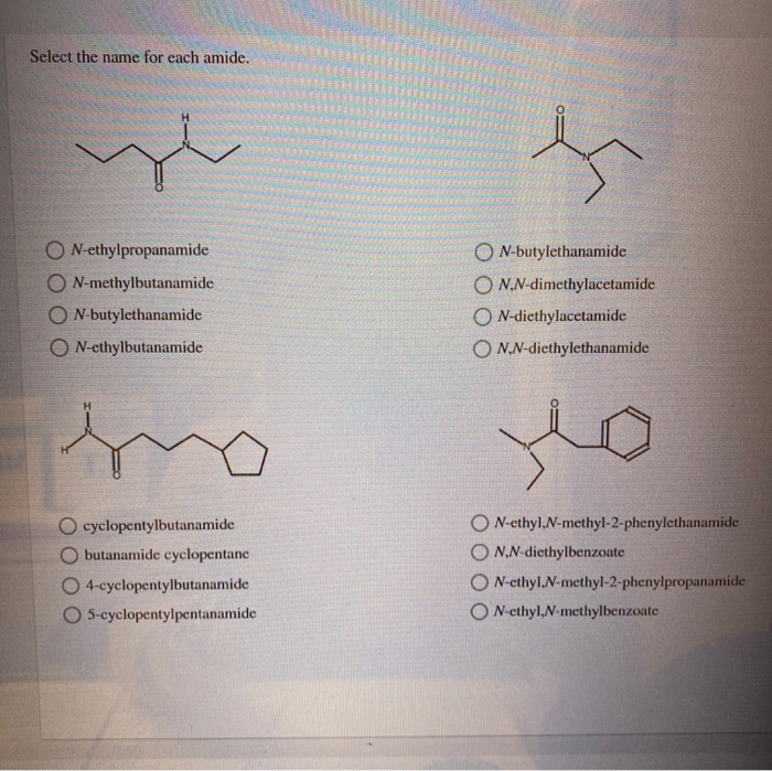 Solved Select the name for each amide. O N-ethylpropanamide | Chegg.com