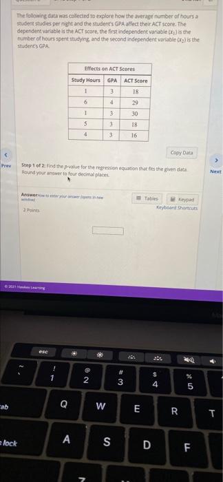 Solved The following data was collected to explore how the | Chegg.com