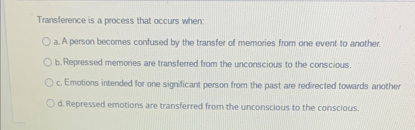 Solved Transference is a process that occurs when:a. ﻿A | Chegg.com