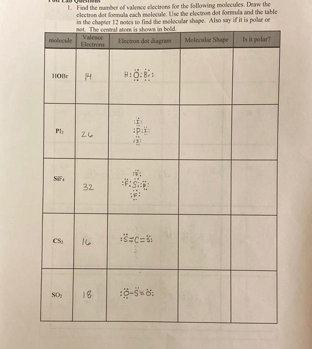 Solved 1. Find the number of valence electrons for the | Chegg.com