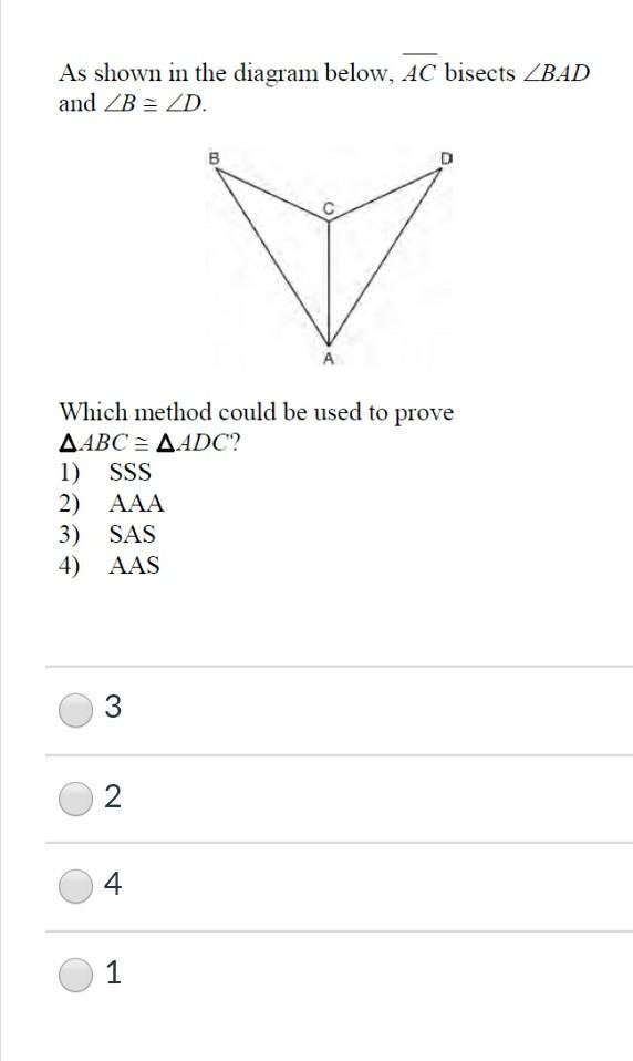 Solved As shown in the diagram below, AC bisects ZBAD and ZB | Chegg.com