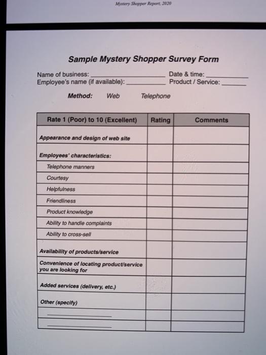Mystery Shopper Report Purpose To use your knowledge | Chegg.com