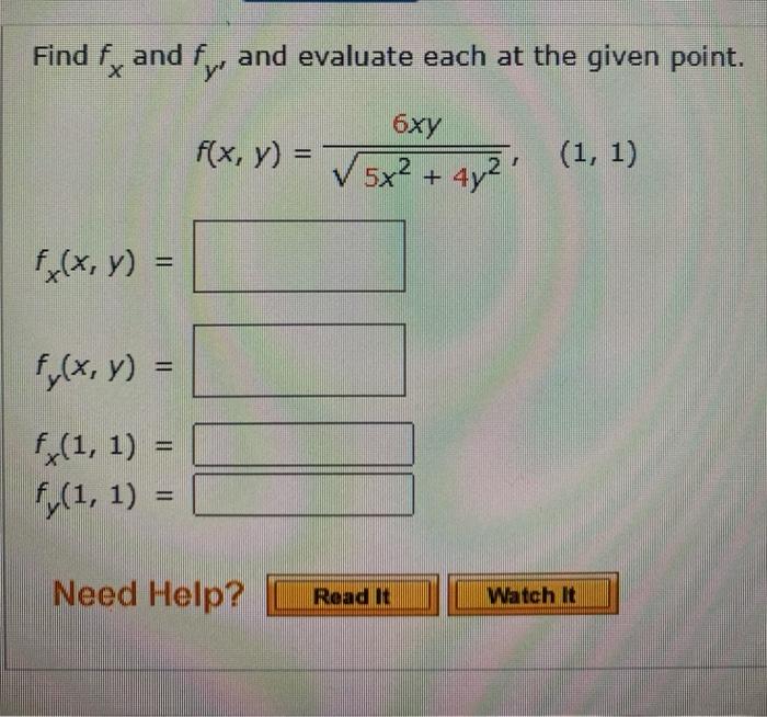 Solved Find fx and fy, and evaluate each at the given point. | Chegg.com