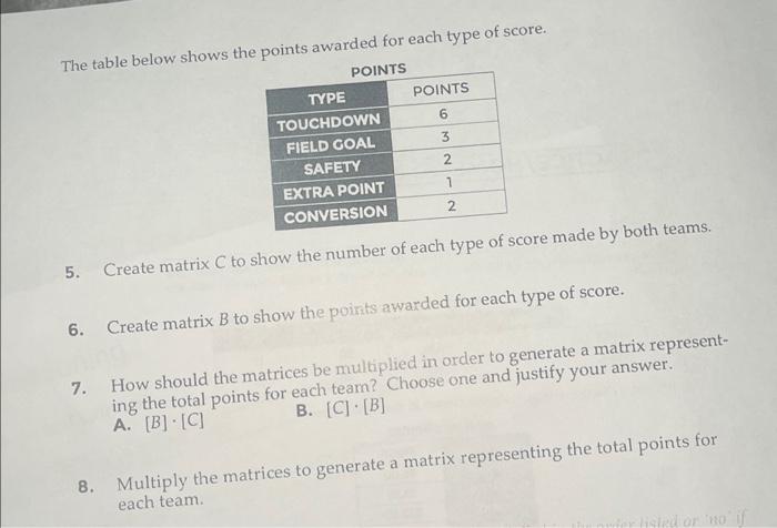 The table below shows the points awarded for each | Chegg.com