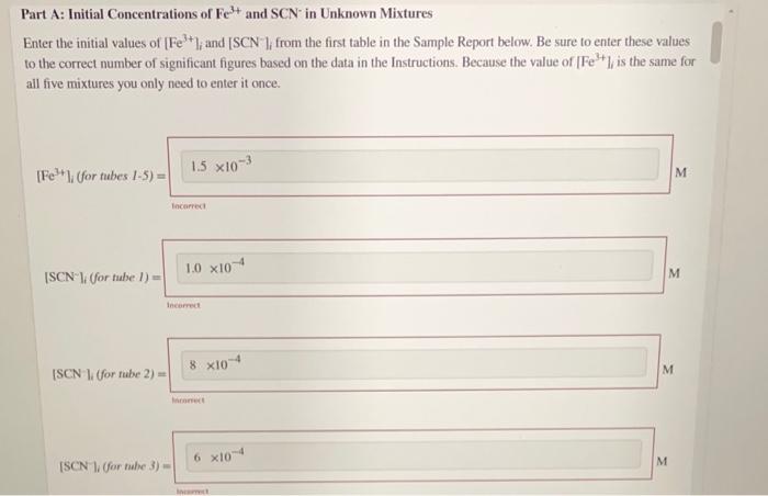 Solved Part A: Initial Concentrations of Fe+ and SCN in | Chegg.com