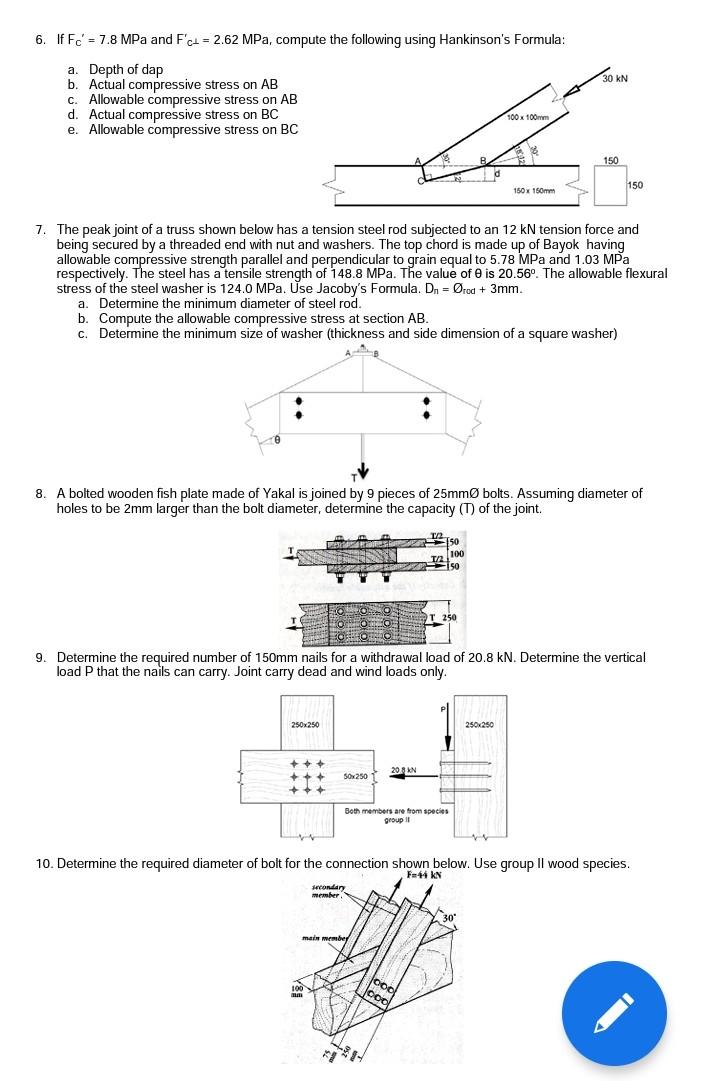 Solved 30 KN 6. If Fc = 7.8 MPa and Fct = 2.62 MPa, compute | Chegg.com