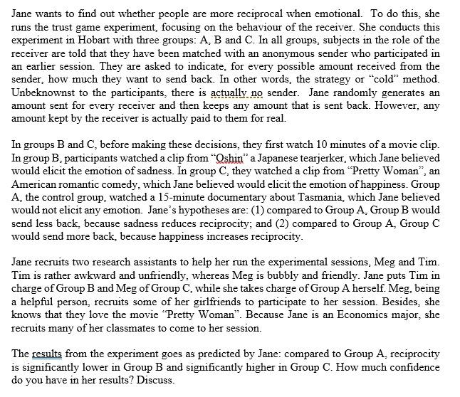 Solved Jane wants to find out whether people are more | Chegg.com