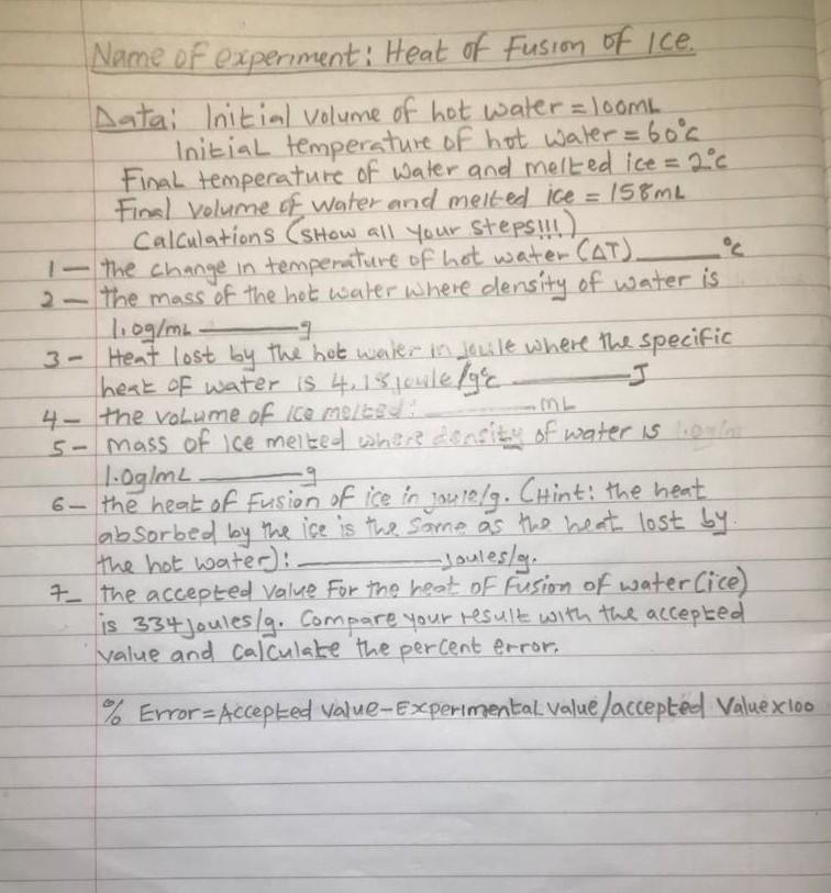 Solved Name of experiment: Heat of fusion of ice. Data: | Chegg.com