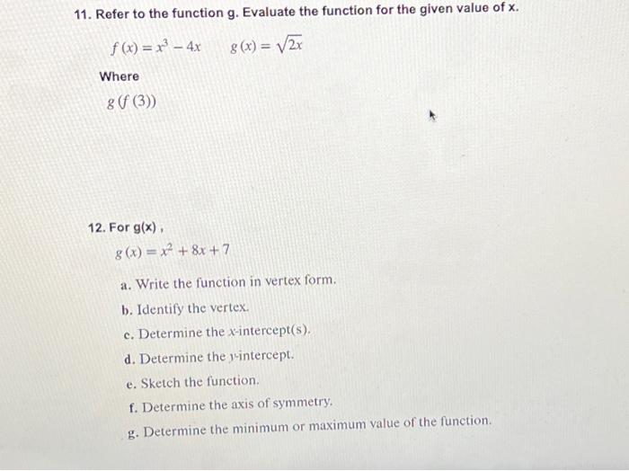 Solved 11. Refer to the function g. Evaluate the function | Chegg.com