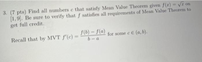 Solved 3. (7 pts) Find all numbers c that satisfy Mean Value | Chegg.com
