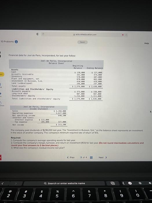 Solved Financisl duta for Joel de Paris, Incorporated, for | Chegg.com