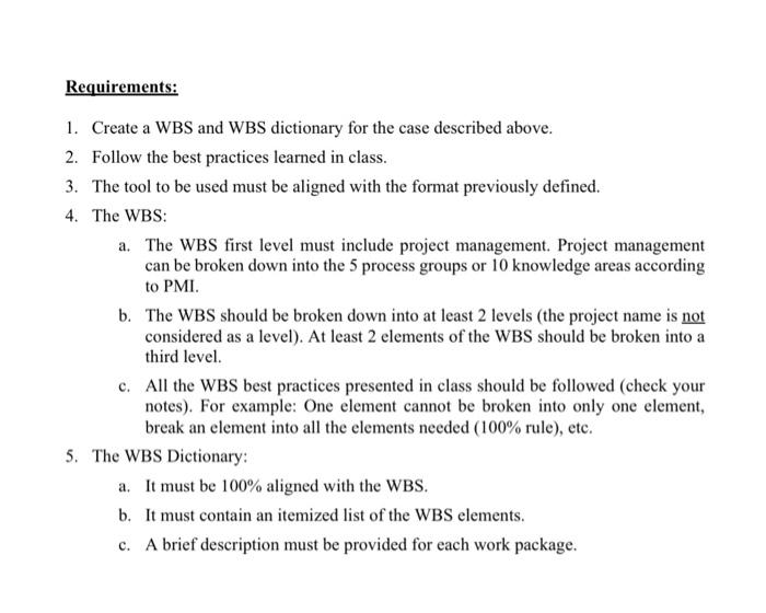 Solved Create a WBS and WBS dictionary for the case | Chegg.com