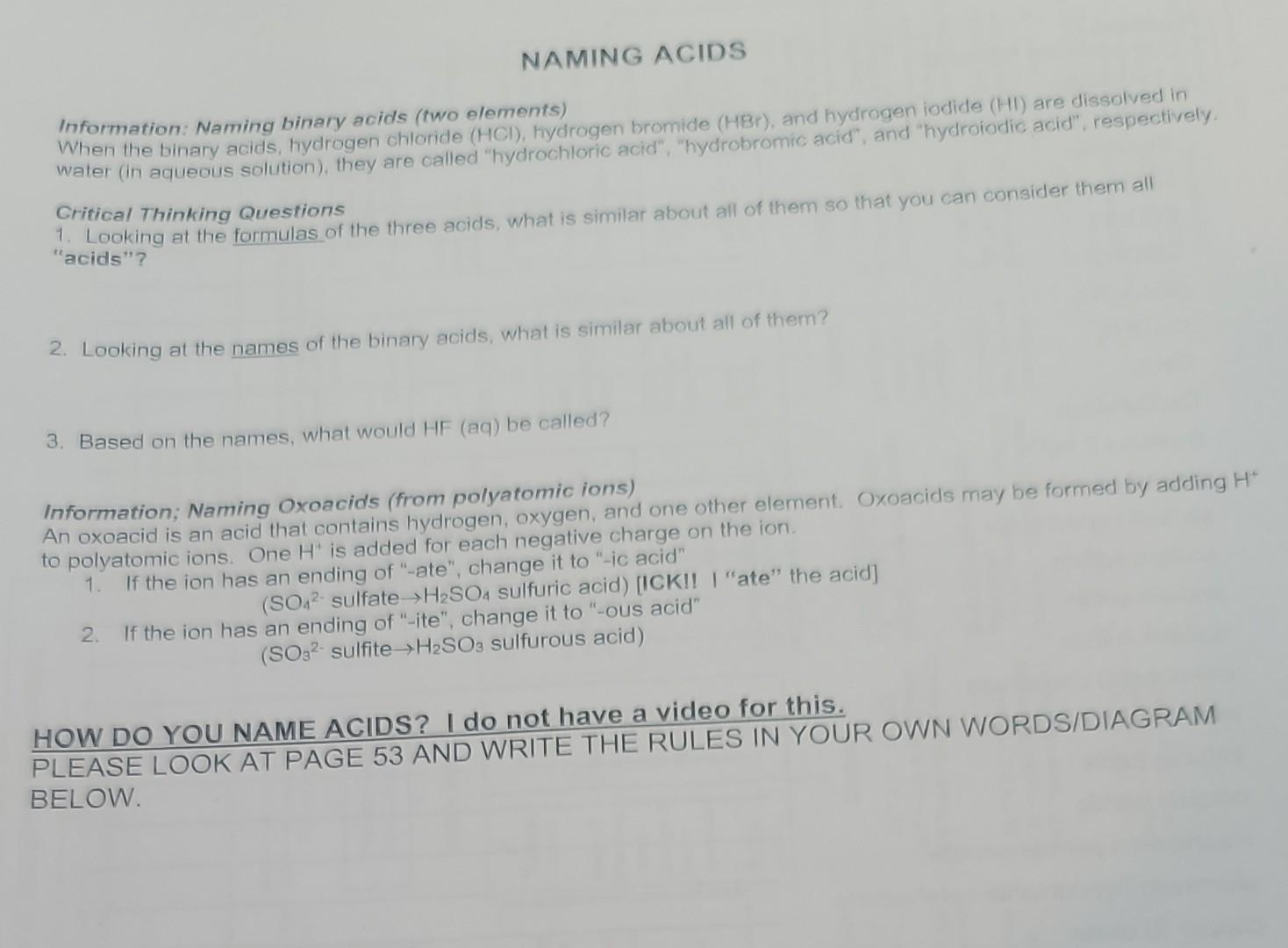 Solved NAMING ACIDS Information: Naming binary acids (two | Chegg.com