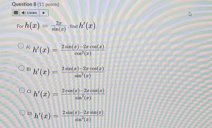 Solved h(x)=x2cos(x), find h′(x) A) h′(x)=2xcos(x)−x2sin(x) | Chegg.com