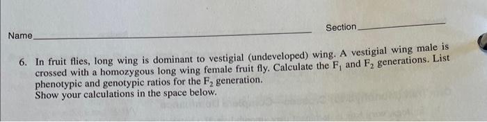 Solved 6. In fruit flies, long wing is dominant to vestigial | Chegg.com