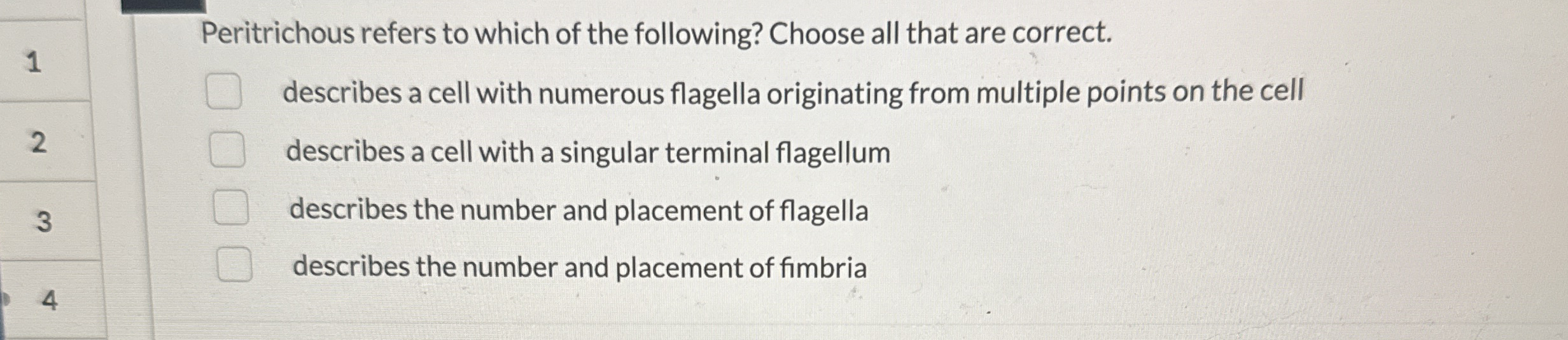 Solved Peritrichous refers to which of the following? Choose | Chegg.com