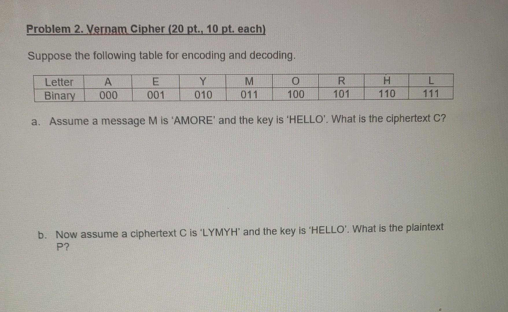 Solved Problem 2. Vernam Cipher (20 pt., 10 pt. each) | Chegg.com Solved Problem 2. Vernam Cipher (20 pt., 10 pt. each) | Chegg.com