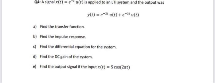 Solved Q4: A signal x(t)=e−tu(t) is applied to an LTI system | Chegg.com