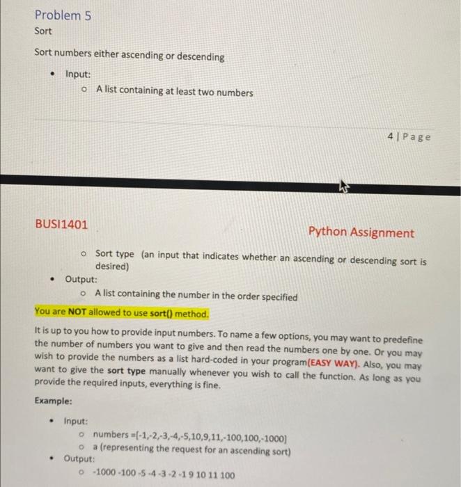 Solved Problem 5 Sort Sort numbers either ascending or | Chegg.com
