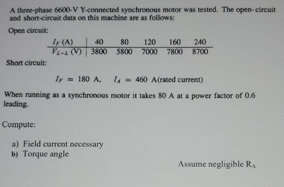 Solved A three-phase 6600-V Y-connected synchronous motor | Chegg.com