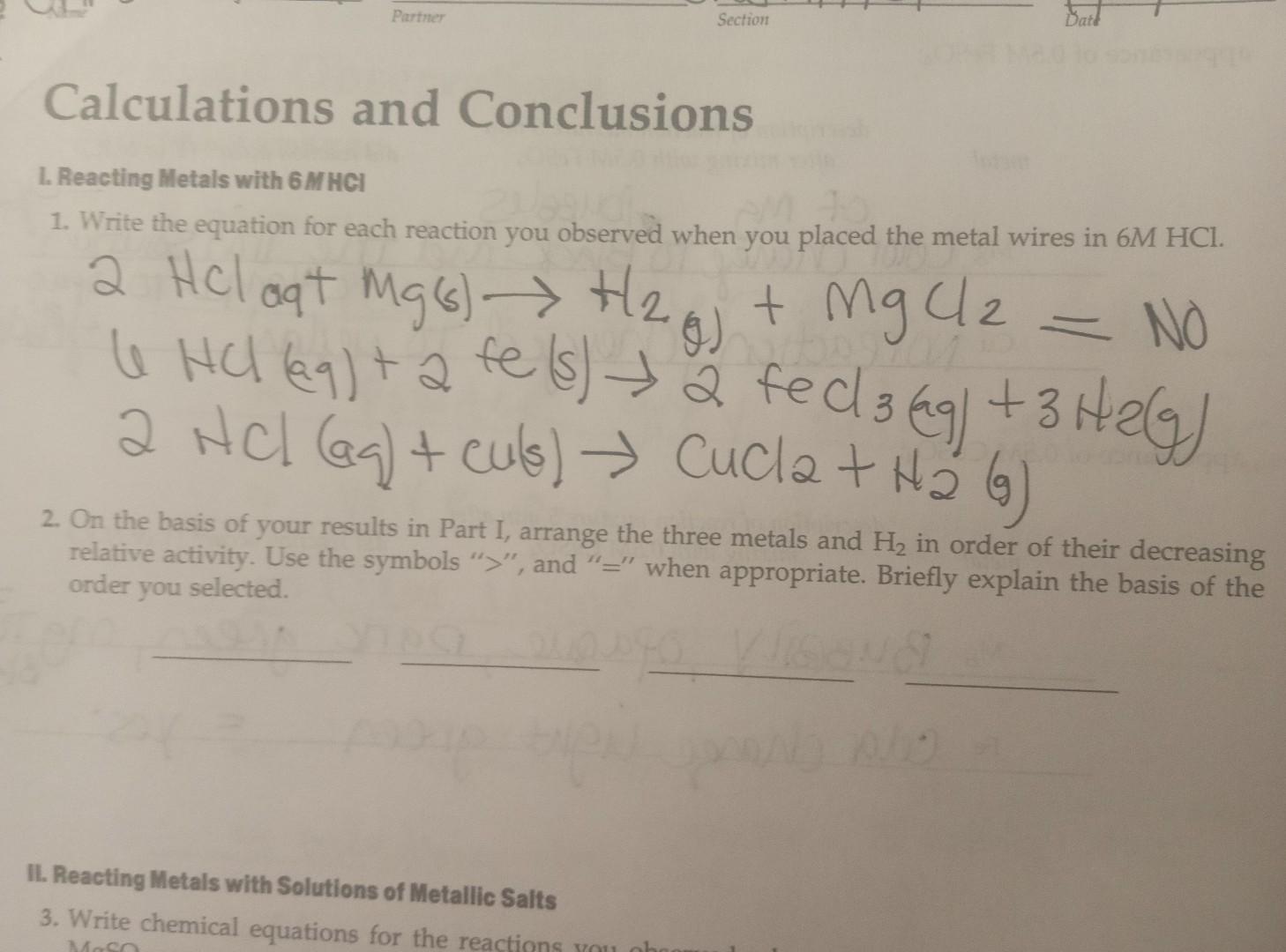 Solved Calculations and Conclusions 1. Reacting Metals with | Chegg.com