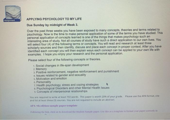 Solved Assignment APPLYING PSYCHOLOGY TO MY LIFE Due Sunday | Chegg.com