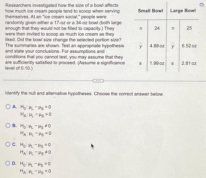 Solved Researchers investigated how the size of a bowl | Chegg.com