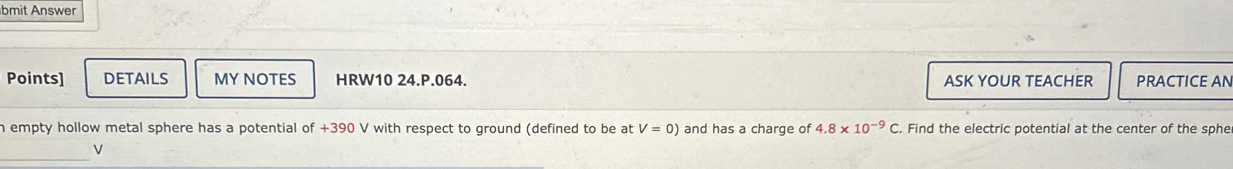 Solved empty hollow metal sphere has a potential of +390 ﻿V | Chegg.com