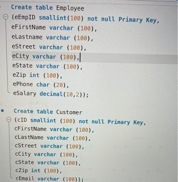 Solved Create table Employee (eEmpID smallint(100) not null | Chegg.com