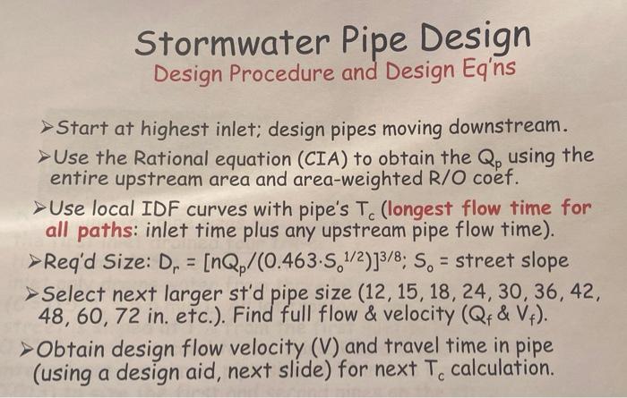 Solved Stormwater Pipe Design Design Procedure and Design | Chegg.com