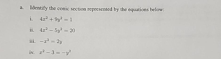 Solved a. ﻿Identify the conic section represented by the | Chegg.com