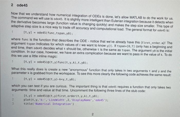 Solved 2 ode45 Now that we understand how numerical | Chegg.com
