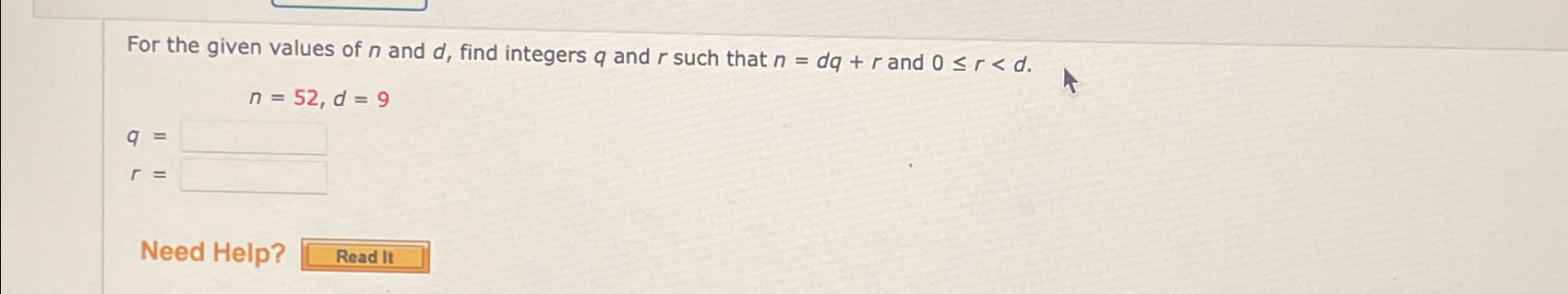 Solved For the given values of n ﻿and d, ﻿find integers q | Chegg.com