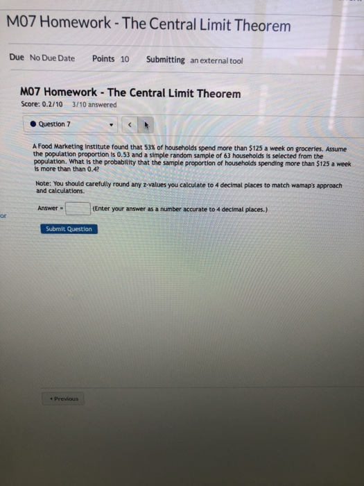 Solved MO7 Homework - The Central Limit Theorem Due No Due | Chegg.com