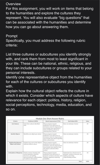 Overview For this assignment, you will work on items | Chegg.com