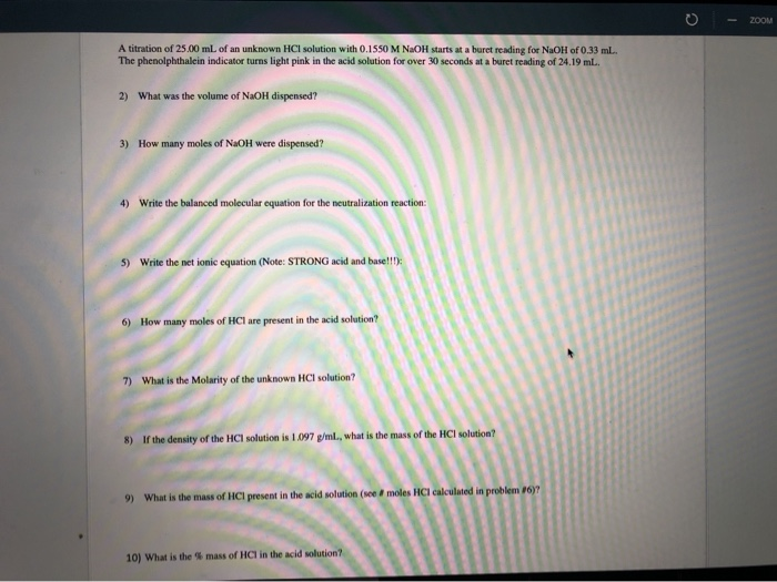 Solved ZOOM A titration of 25.00 mL of an unknown HCl | Chegg.com