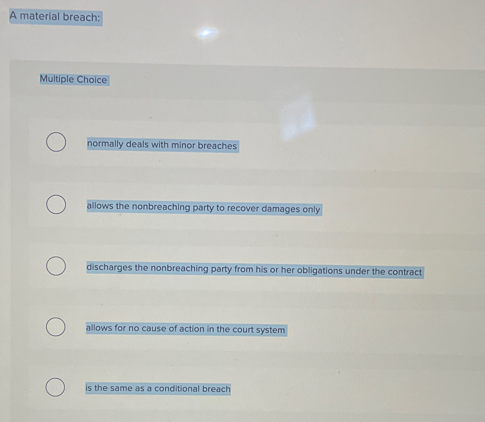 Solved A material breach:Multiple Choicenormally deals with | Chegg.com