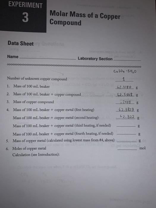 Solved EXPERIMENT 3 Molar Mass of a Copper Compound Data | Chegg.com