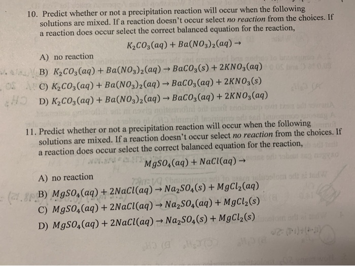 Solved 10. Predict whether or not a precipitation reaction | Chegg.com