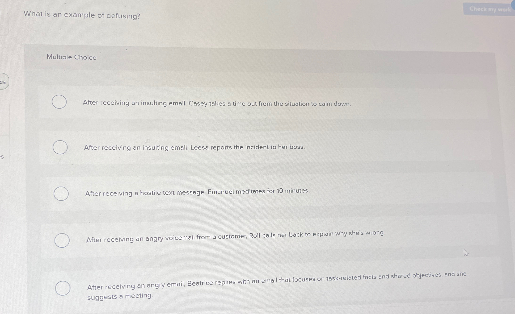 Solved What is an example of defusing?Check my workMultiple | Chegg.com