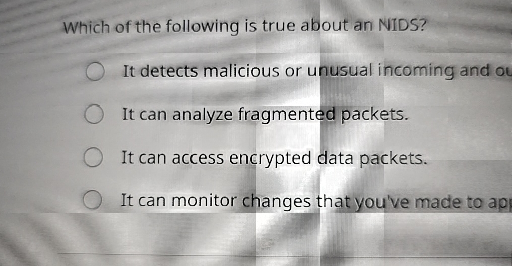 Solved Which of the following is true about an NIDS?It | Chegg.com