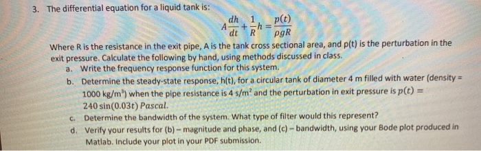 Solved 3. The differential equation for a liquid tank is: dh | Chegg.com