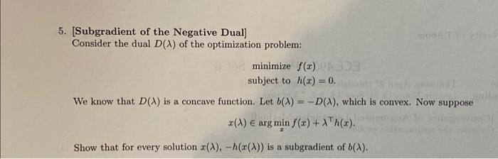 Solved 5. [Subgradient of the Negative Dual] Consider the | Chegg.com